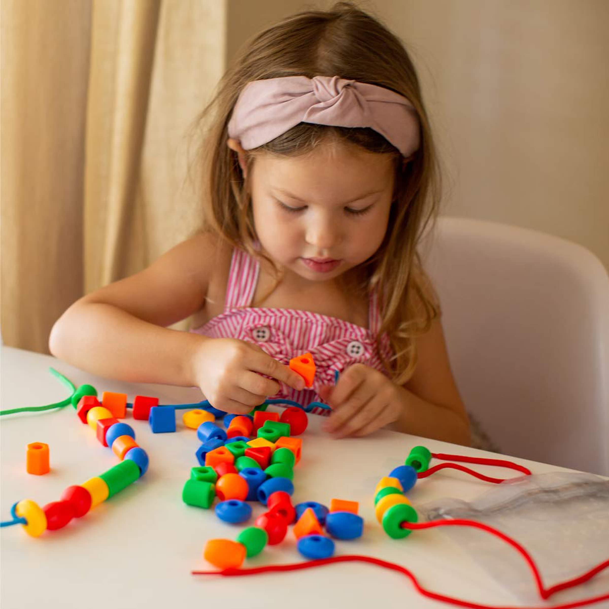 Lacing Beads for Toddlers (60 Stringing Beads,4 Strings) -Educational Montessori Preschool Activities,Toddler Sensory Occupational Therapy Toys Autism OT (with Storage Bag)