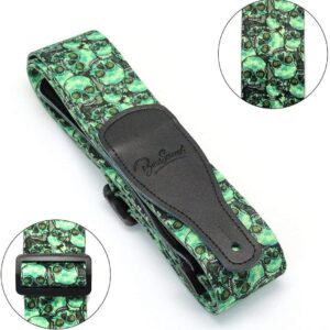 Skull Green Guitar Strap - Cool Nylon Strap with Ties for Electric & Acoustic, Bass Guitars