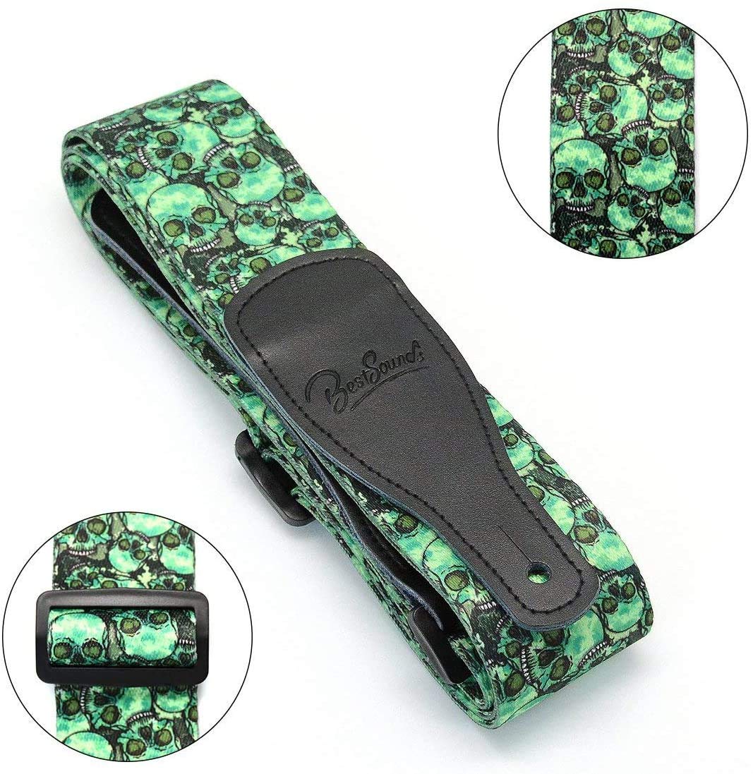 Skull Green Guitar Strap - Cool Nylon Strap with Ties for Electric & Acoustic, Bass Guitars