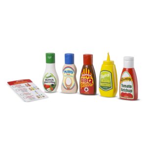 melissa & doug 5-piece favorite condiments play food set - play ketchup and mustard bottles, pretend play food set for kids ages 3+