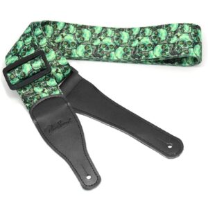 skull green guitar strap - cool nylon strap with ties for electric & acoustic, bass guitars