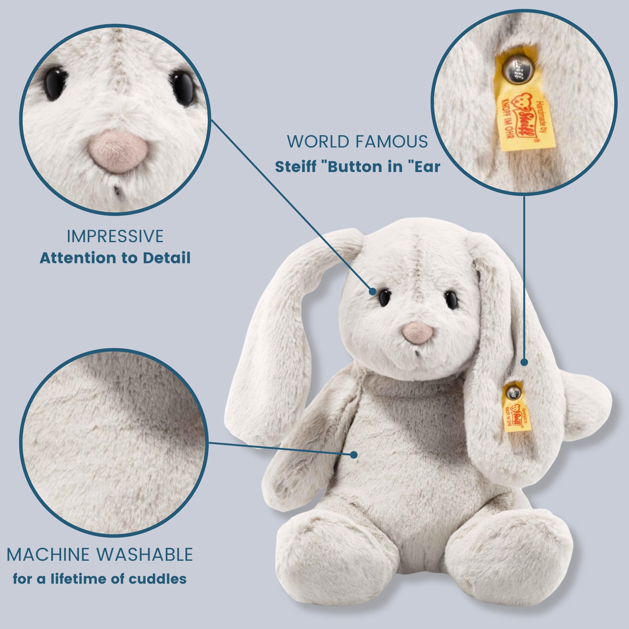 Steiff Hoppie Rabbit Toy Figure, Premium Stuffed Animal (Light Grey, 11"), Soft & Cuddly Plush for Kids, Boys & Girls