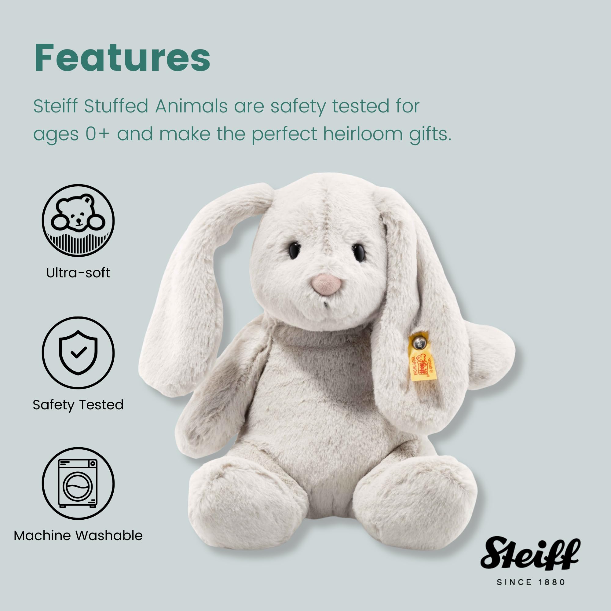 Steiff Hoppie Rabbit Toy Figure, Premium Stuffed Animal (Light Grey, 11"), Soft & Cuddly Plush for Kids, Boys & Girls