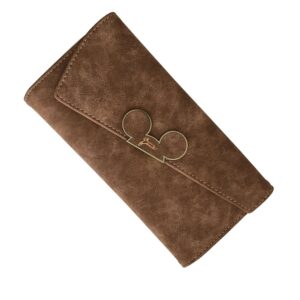 hemall 1pcs color scrubs women wallet ladies long swash-lid tri-fold mickey head purse slim phone coin pocket wallets,brown