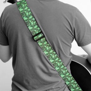 Skull Green Guitar Strap - Cool Nylon Strap with Ties for Electric & Acoustic, Bass Guitars