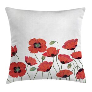 ambesonne floral throw pillow cushion cover, poppy flowers in garden fresh plant idyllic nature fragrance theme print, decorative square accent pillow case, 20" x 20", orange and green