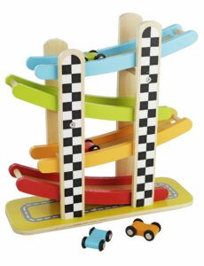 colorful wood race track ramp with 4 wooden race cars - solid wood educational baby toy for toddler boys and girls age 18-24 months, 2 years and up - classic early development vehicle playset toy