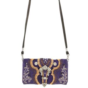 Justin West Concealed Carry Western Silver Flower Buckle Laser Cut Embroidered Triple Layer Studded Crossbody Trifold Wallet (Purple Trifold Wallet ONLY)