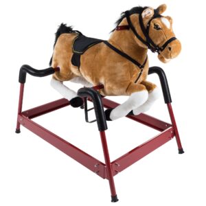 spring rocking horse plush ride on toy with adjustable foot stirrups and sounds for toddlers to 5 years old by happy trails - brown