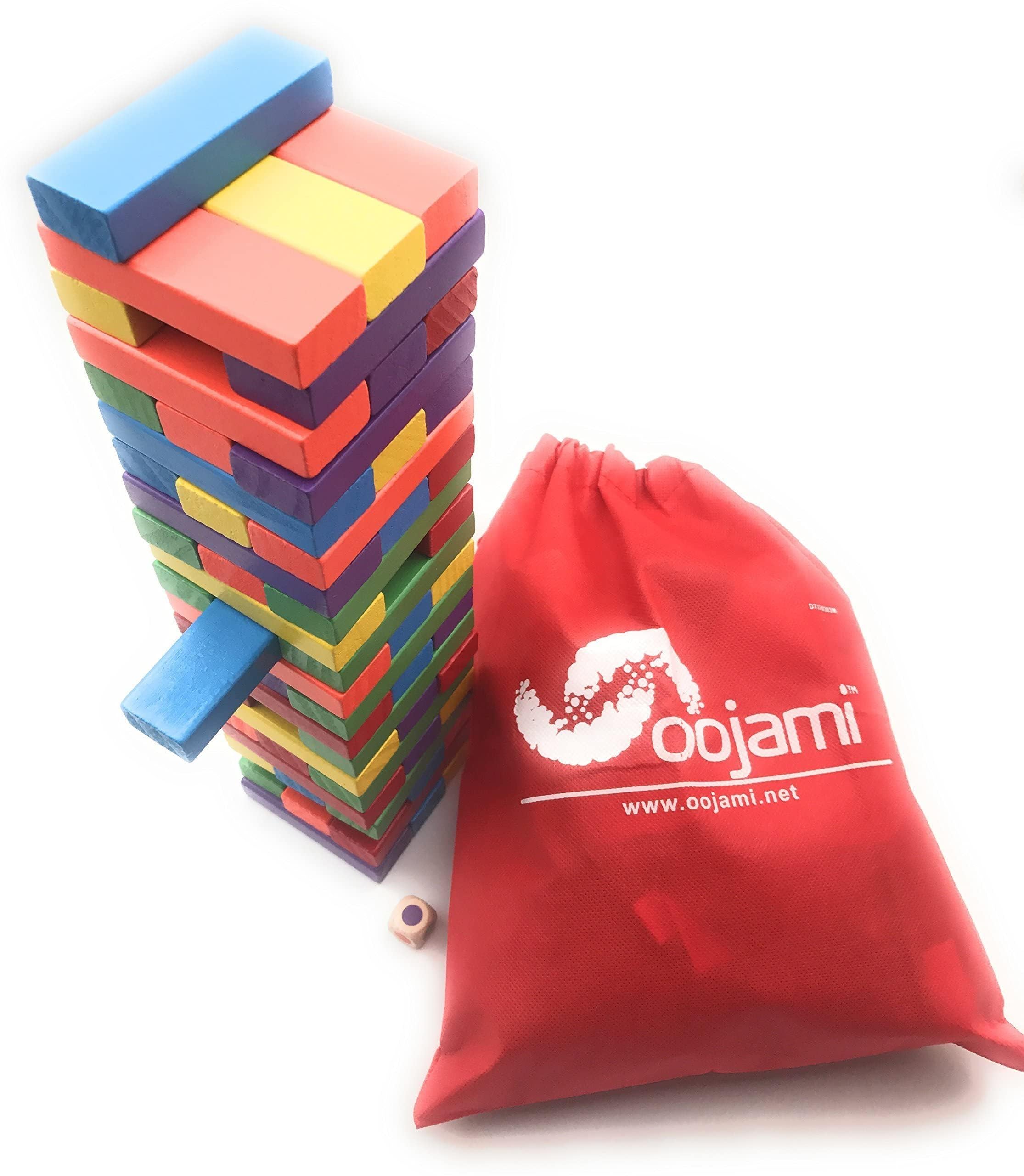 Oojami Wooden Tumbling Timber Toppling Stacking Board Games Building Blocks for Kids - 60 Pieces with Storage Bag Color Match Play Sets for Kids and Families