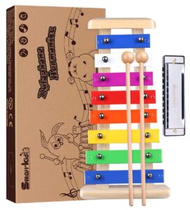 smarkids wooden xylophone for kids & harmonica set - professional kids musical instruments set percussion instruments with mallets award winning preschool learning musical toys birthday gifts