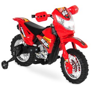 best choice products kids 6v ride on motorcycle w/treaded tires, working headlights, 2mph top speed, training wheels, realistic sounds, music, battery charger - red