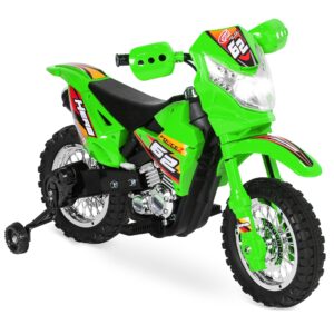 best choice products kids 6v ride on motorcycle w/treaded tires, working headlights, 2mph top speed, training wheels, realistic sounds, music, battery charger - green