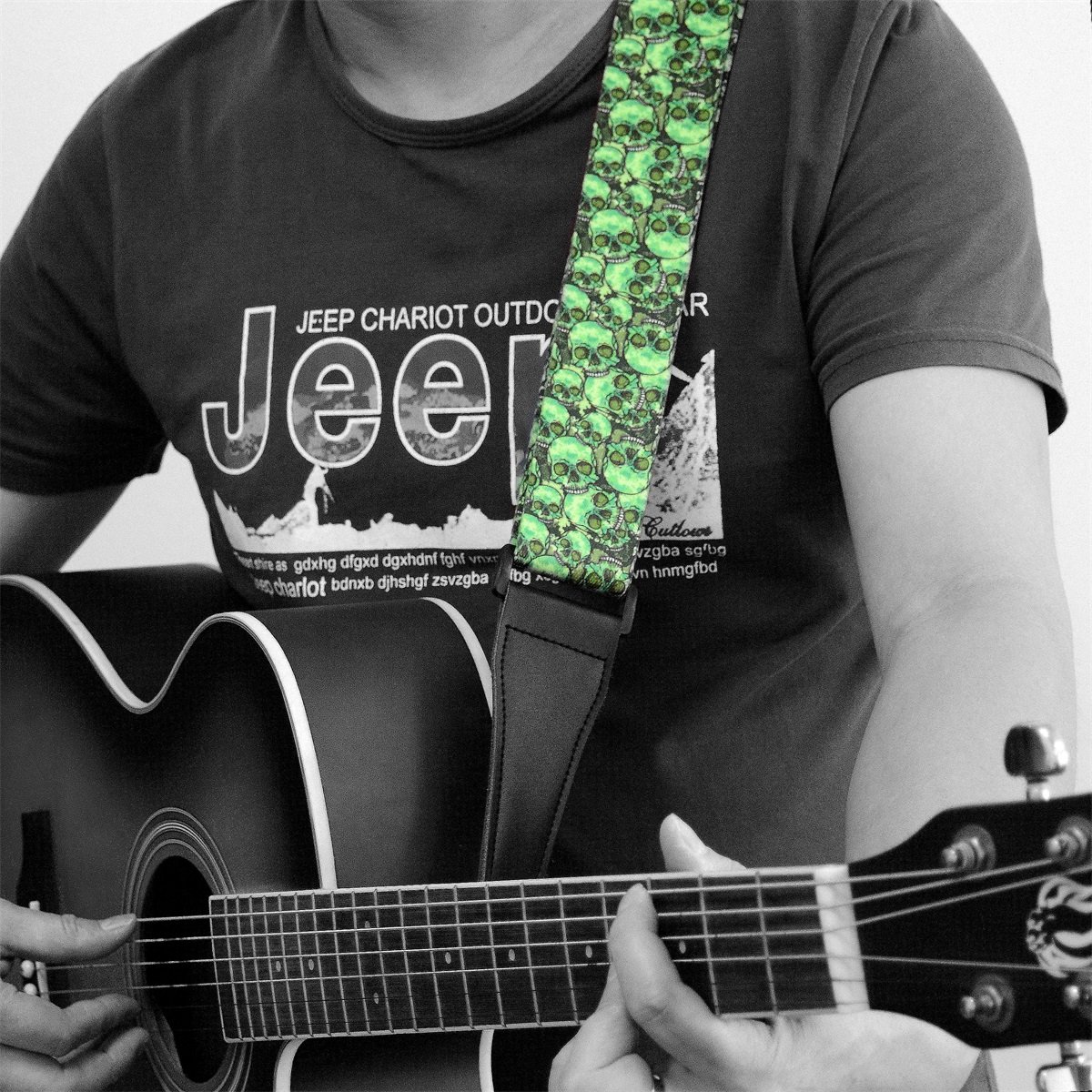 Skull Green Guitar Strap - Cool Nylon Strap with Ties for Electric & Acoustic, Bass Guitars