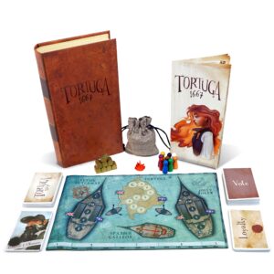 tortuga 1667 board game, treasure plunder game of cards, strategy, deceit, and luck for 2-9 players