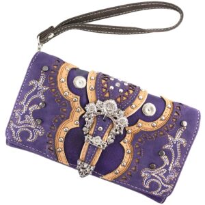 Justin West Concealed Carry Western Silver Flower Buckle Laser Cut Embroidered Triple Layer Studded Crossbody Trifold Wallet (Purple Trifold Wallet ONLY)