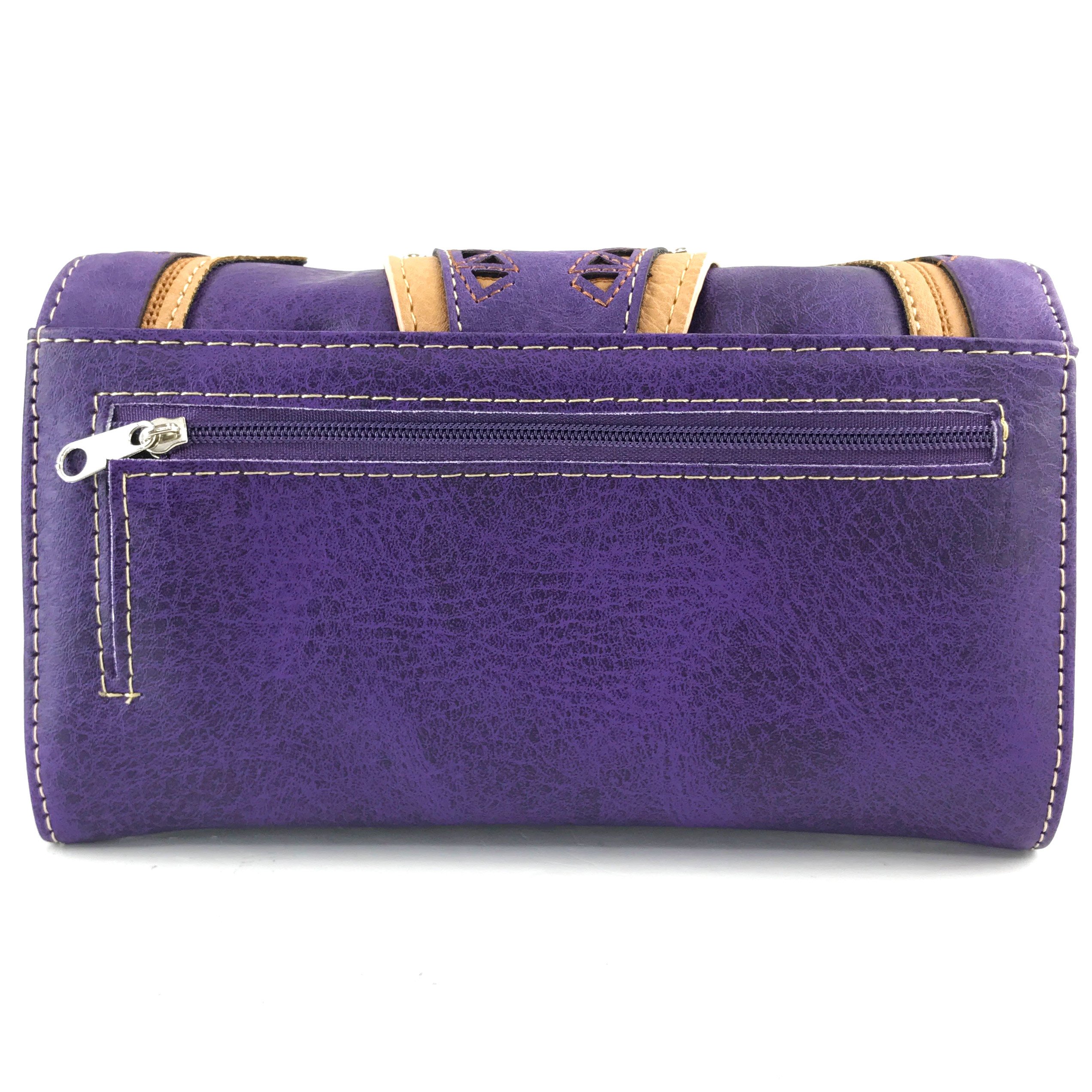 Justin West Concealed Carry Western Silver Flower Buckle Laser Cut Embroidered Triple Layer Studded Crossbody Trifold Wallet (Purple Trifold Wallet ONLY)