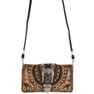 Justin West Concealed Carry Laser Cut Tritone Flower Embroidered Vines Leaves Tooled Flower Buckle Crossbody Messenger Handbag | Trifold Wallet (Brown Trifold Wallet ONLY)