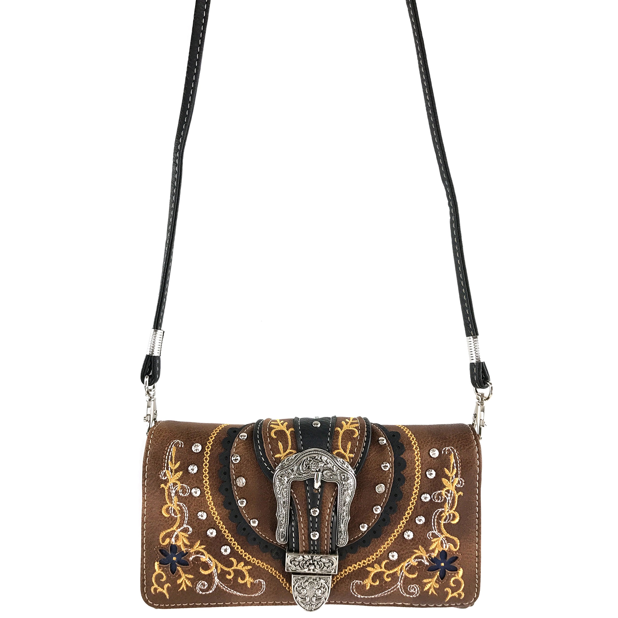 Justin West Concealed Carry Laser Cut Tritone Flower Embroidered Vines Leaves Tooled Flower Buckle Crossbody Messenger Handbag | Trifold Wallet (Brown Trifold Wallet ONLY)