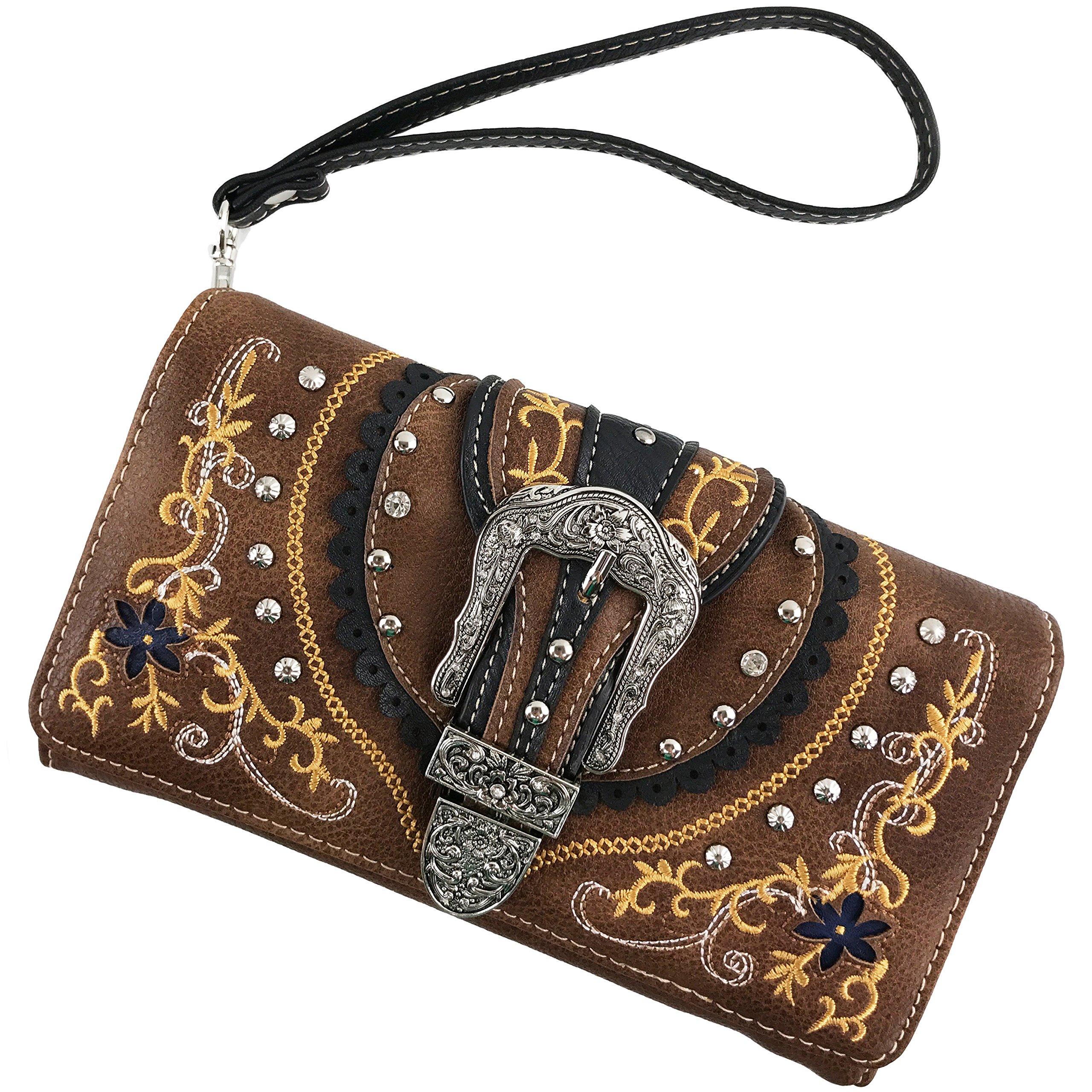 Justin West Concealed Carry Laser Cut Tritone Flower Embroidered Vines Leaves Tooled Flower Buckle Crossbody Messenger Handbag | Trifold Wallet (Brown Trifold Wallet ONLY)