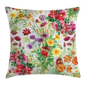 ambesonne flower throw pillow cushion cover, floral design garden like romantic theme image with leaves rose blooms daisies image, decorative square accent pillow case, 16" x 16", yellow pink