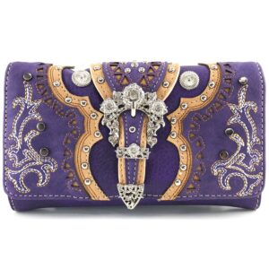 justin west concealed carry western silver flower buckle laser cut embroidered triple layer studded crossbody trifold wallet (purple trifold wallet only)