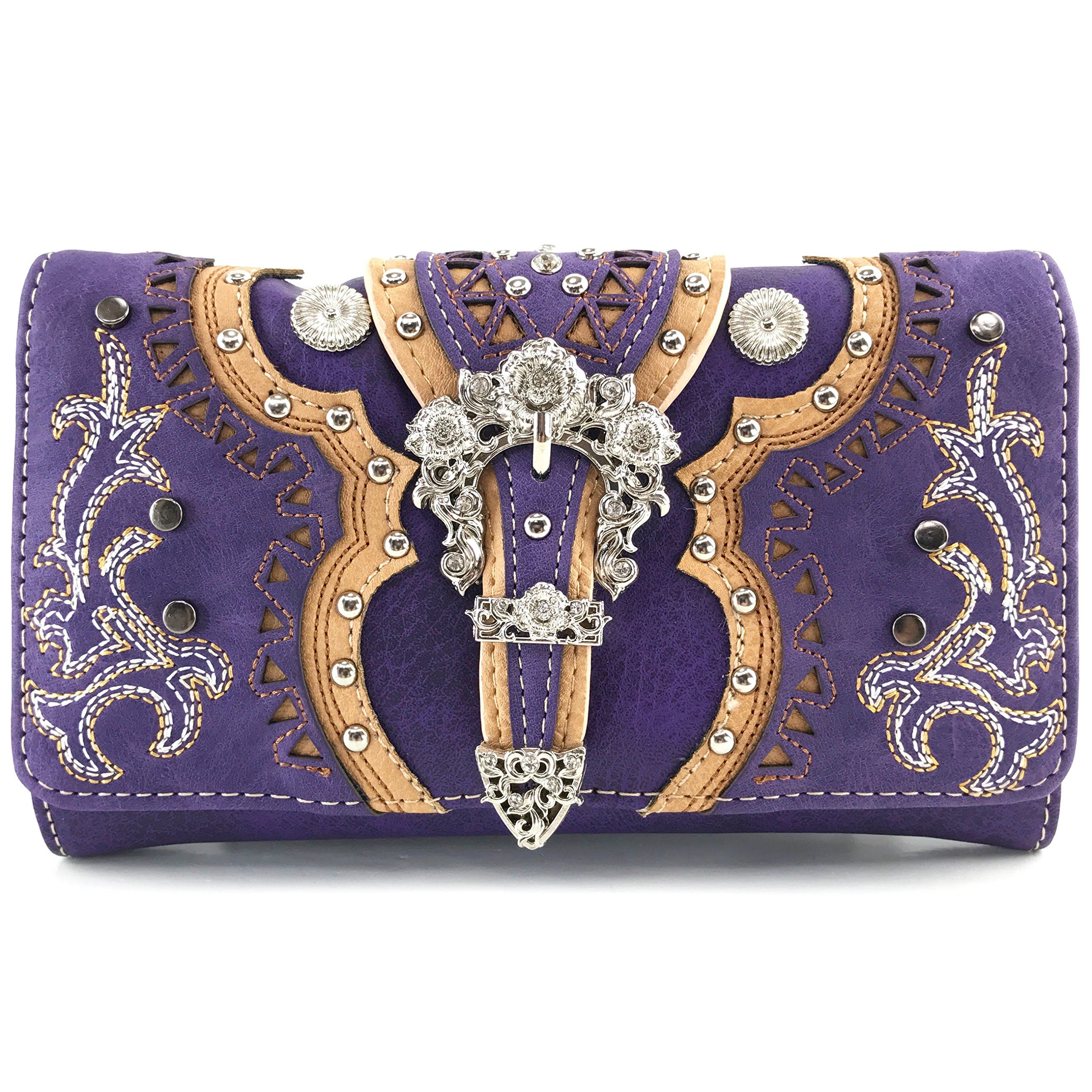 Justin West Concealed Carry Western Silver Flower Buckle Laser Cut Embroidered Triple Layer Studded Crossbody Trifold Wallet (Purple Trifold Wallet ONLY)