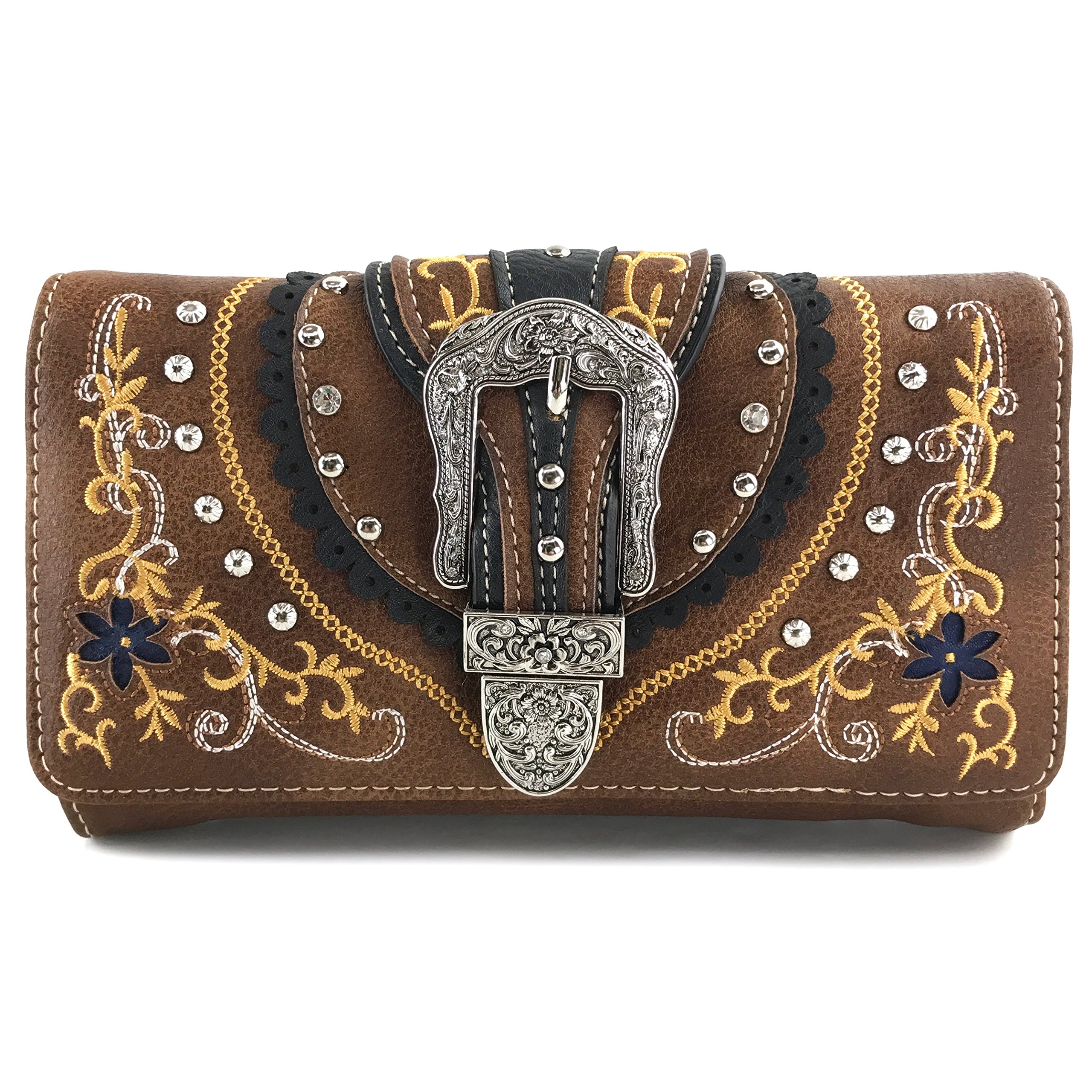 Justin West Concealed Carry Laser Cut Tritone Flower Embroidered Vines Leaves Tooled Flower Buckle Crossbody Messenger Handbag | Trifold Wallet (Brown Trifold Wallet ONLY)