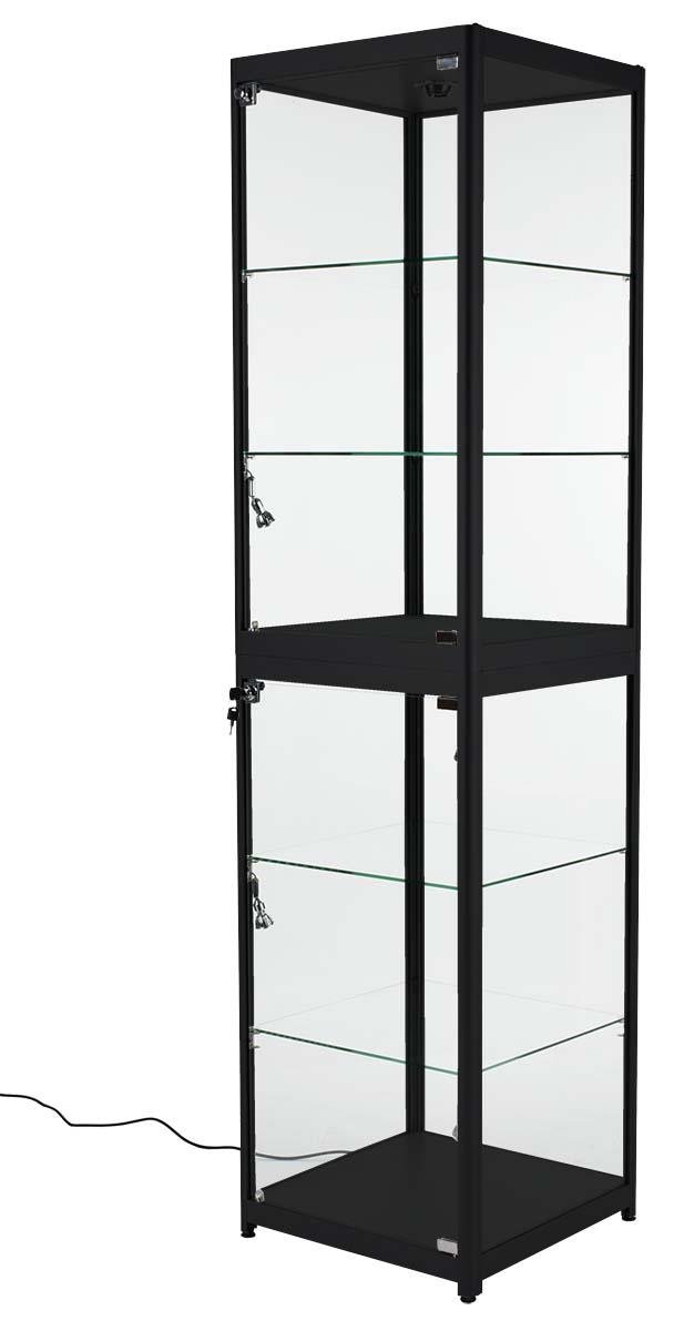 Displays2go Tower Showcase with LED Lighting, Aluminum, Tempered Glass, 5 Shelves – Black Finish (2TCASEBLKS)