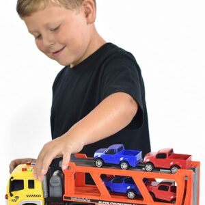 Sunny Days Entertainment Maxx Action 17’’ Vehicle Transport with 4 Diecast Trucks – Bright Lights and Car Sounds | Friction Powered Trailer | 6 Piece Toy Playset for Kids