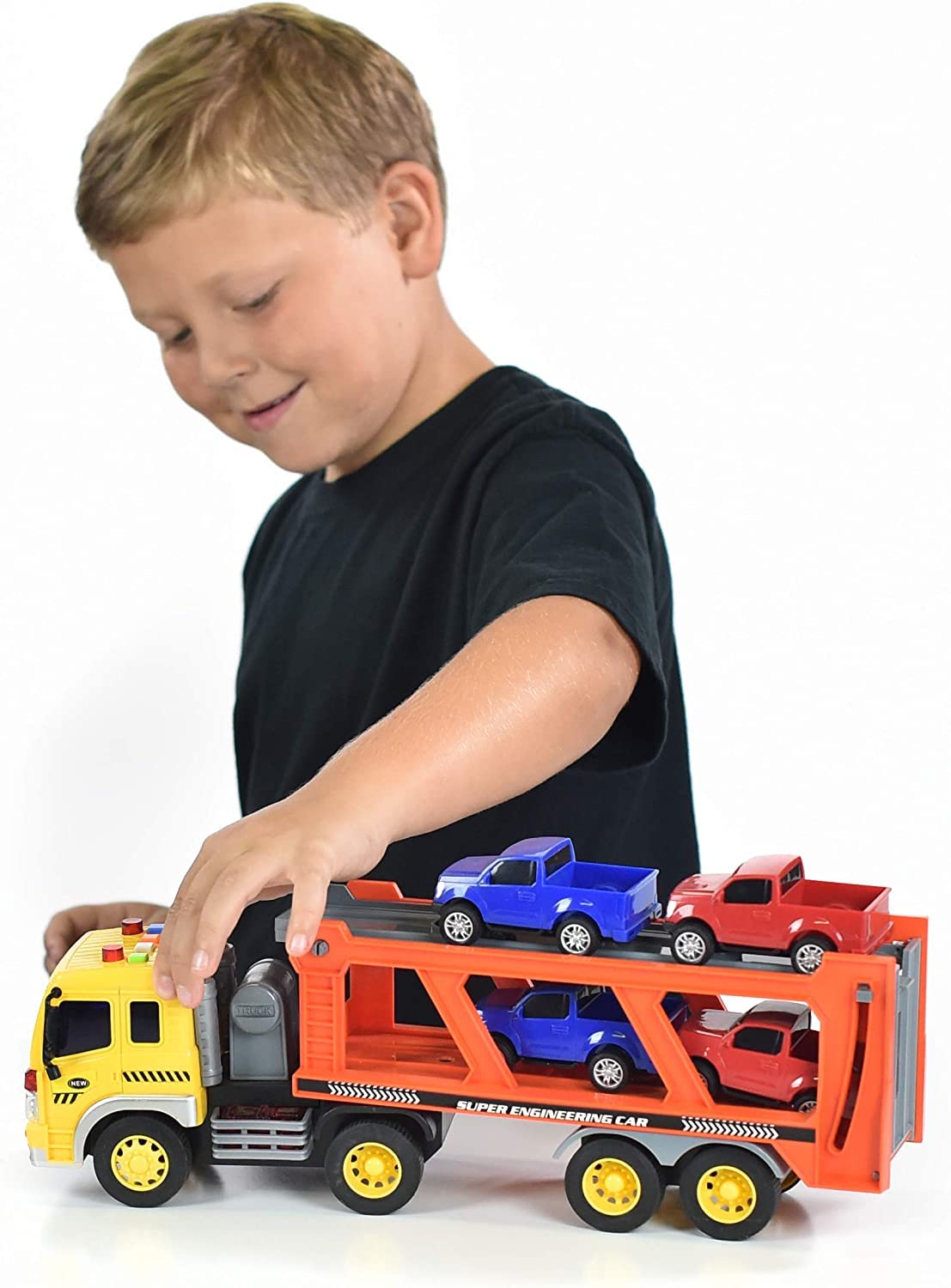 Sunny Days Entertainment Maxx Action 17’’ Vehicle Transport with 4 Diecast Trucks – Bright Lights and Car Sounds | Friction Powered Trailer | 6 Piece Toy Playset for Kids