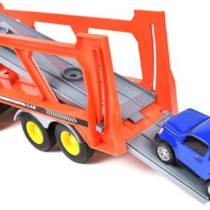 Sunny Days Entertainment Maxx Action 17’’ Vehicle Transport with 4 Diecast Trucks – Bright Lights and Car Sounds | Friction Powered Trailer | 6 Piece Toy Playset for Kids