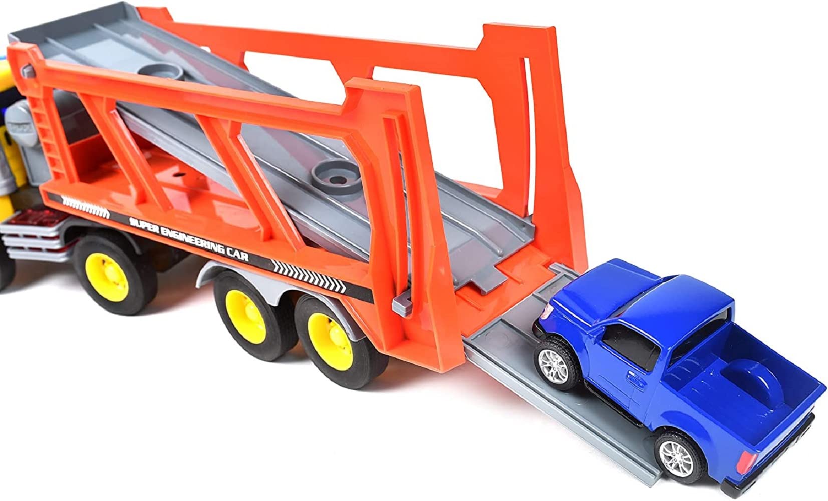 Sunny Days Entertainment Maxx Action 17’’ Vehicle Transport with 4 Diecast Trucks – Bright Lights and Car Sounds | Friction Powered Trailer | 6 Piece Toy Playset for Kids