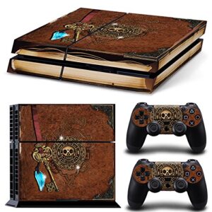 zoomhitskins ps4 console and controller skins, old book treasure pirate knight medieval gold pearl map, durable, bubble-free goo-free, 1 console skin 2 controller skins, made in usa