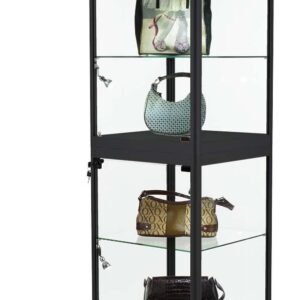 Displays2go Tower Showcase with LED Lighting, Aluminum, Tempered Glass, 5 Shelves – Black Finish (2TCASEBLKS)