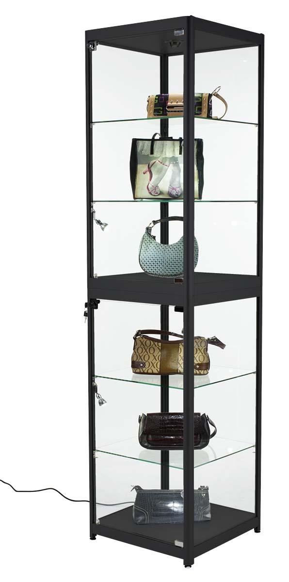 Displays2go Tower Showcase with LED Lighting, Aluminum, Tempered Glass, 5 Shelves – Black Finish (2TCASEBLKS)