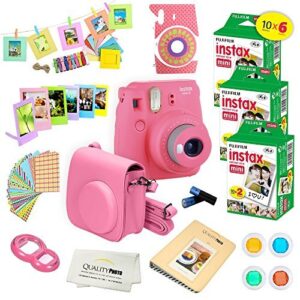 fujifilm instax mini 9 instant camera flamingo pink w/ instant films (60 pack) + a14 pc deluxe bundle for camera