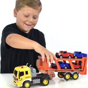 Sunny Days Entertainment Maxx Action 17’’ Vehicle Transport with 4 Diecast Trucks – Bright Lights and Car Sounds | Friction Powered Trailer | 6 Piece Toy Playset for Kids