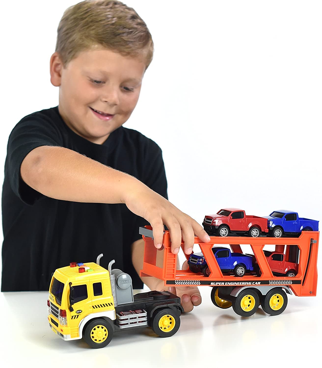 Sunny Days Entertainment Maxx Action 17’’ Vehicle Transport with 4 Diecast Trucks – Bright Lights and Car Sounds | Friction Powered Trailer | 6 Piece Toy Playset for Kids