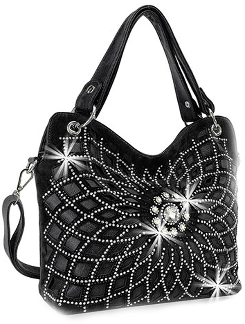 Zzfab Double Handles Large Star Flower Bling Purse Black