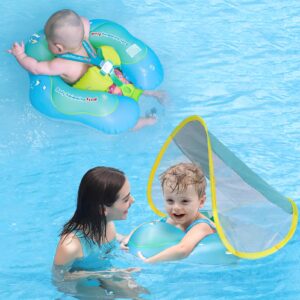 free swimming baby inflatable baby float with sun canopy size improved infant pool floaties swimming pool toys for the age of 3-36 months (blue, large)