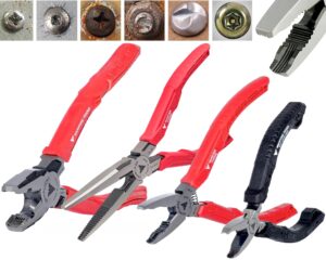 vampliers 4-piece stripped screw extractor pliers set. made in japan: 8" linesman, 7.5" long nose, 6.25" multipurpose & 5" esd safe pliers. remove any stripped/damaged/rusted screws.