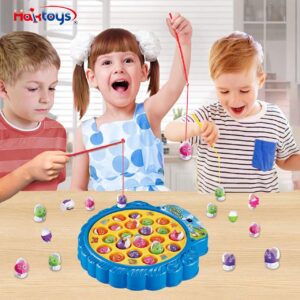 Haktoys Fishing Game for Kids and Toddlers - Rotating Fish Board with 21 Fish, 4 Poles, and Music On/Off Switch for Quiet Play Option - Fun Educational Toy for Boys & Girls