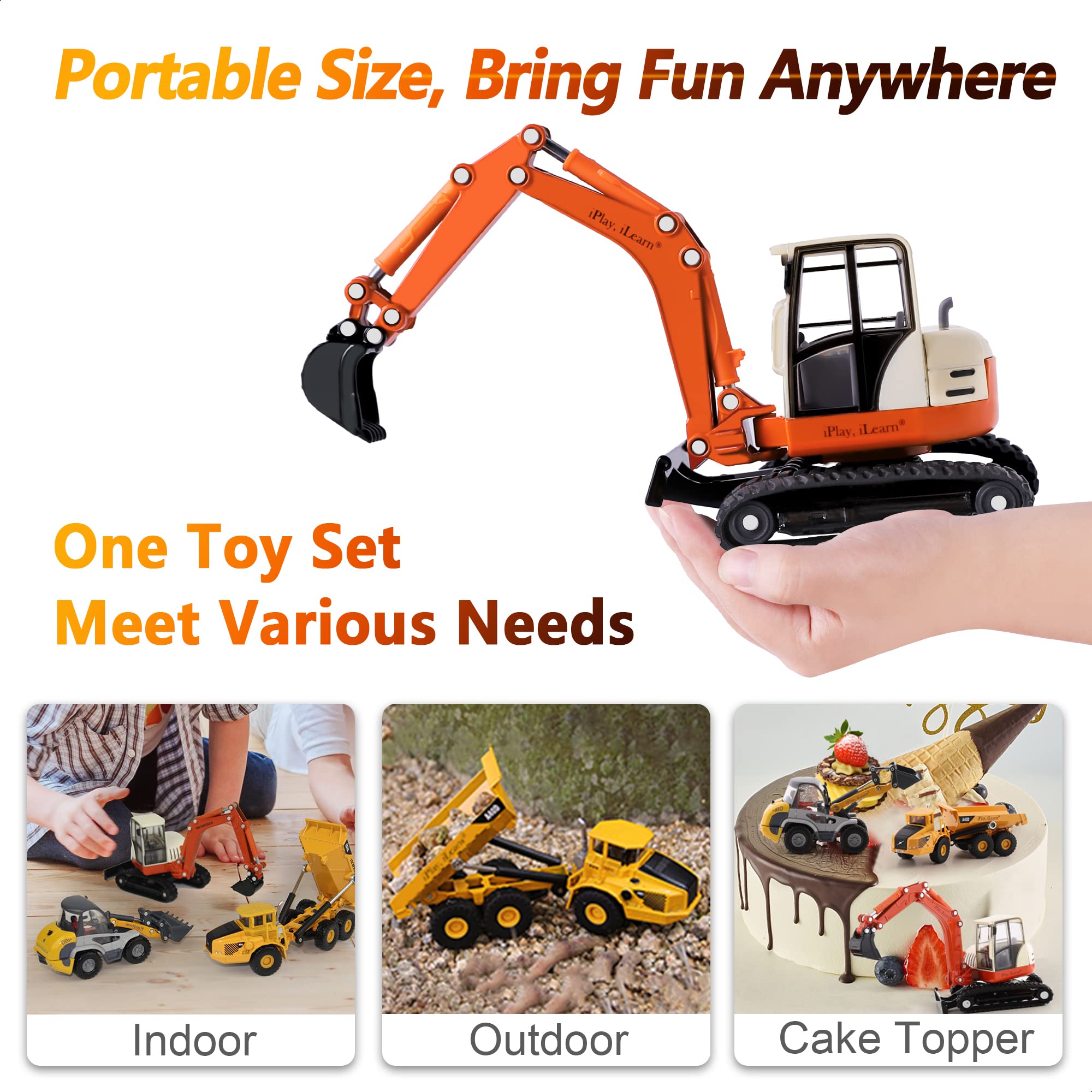 iPlay, iLearn Heavy Duty Construction Site Playset, Metal Dump Truck, Excavator Digger Backhoe, Tractor Bulldozer Diecast Vehicle, Outdoor Sandbox Car Toy, Birthday Gift 3 4 5 Year Old Boy Kid Toddler