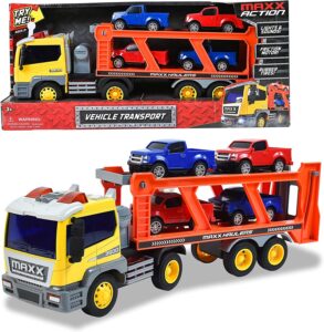 sunny days entertainment maxx action 17’’ vehicle transport with 4 diecast trucks – bright lights and car sounds | friction powered trailer | 6 piece toy playset for kids