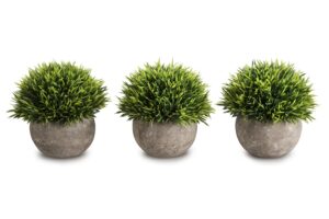 opps mini artificial plants plastic fake green grass topiary shrubs with gray pot for home décor – set of 3