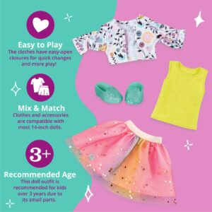 Glitter Girls Shimmer Glimmer Floral Fashion Doll Clothes & Accessories for 14 inch Dolls | Urban Top, Flower Jacket & Tutu Skirt Outfit – for 3+ Year Old Girls