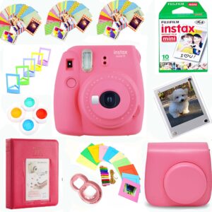 fujifilm instax mini 9 film camera (flamingo pink) + film pack(10 shots) + pleather case + filters + selfie lens + album + frames & stick-on frames exclusive instax design bundle