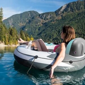 INTEX 56825EP River Run 1 Inflatable Floating Lounge: Comfortable Backrest – Built-in Cup Holders – Durable Grab Handles – All Around Grab Rope – 220lb Weight Capacity – Color May Vary