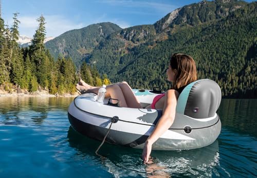 INTEX 56825EP River Run 1 Inflatable Floating Lounge: Comfortable Backrest – Built-in Cup Holders – Durable Grab Handles – All Around Grab Rope – 220lb Weight Capacity – Color May Vary